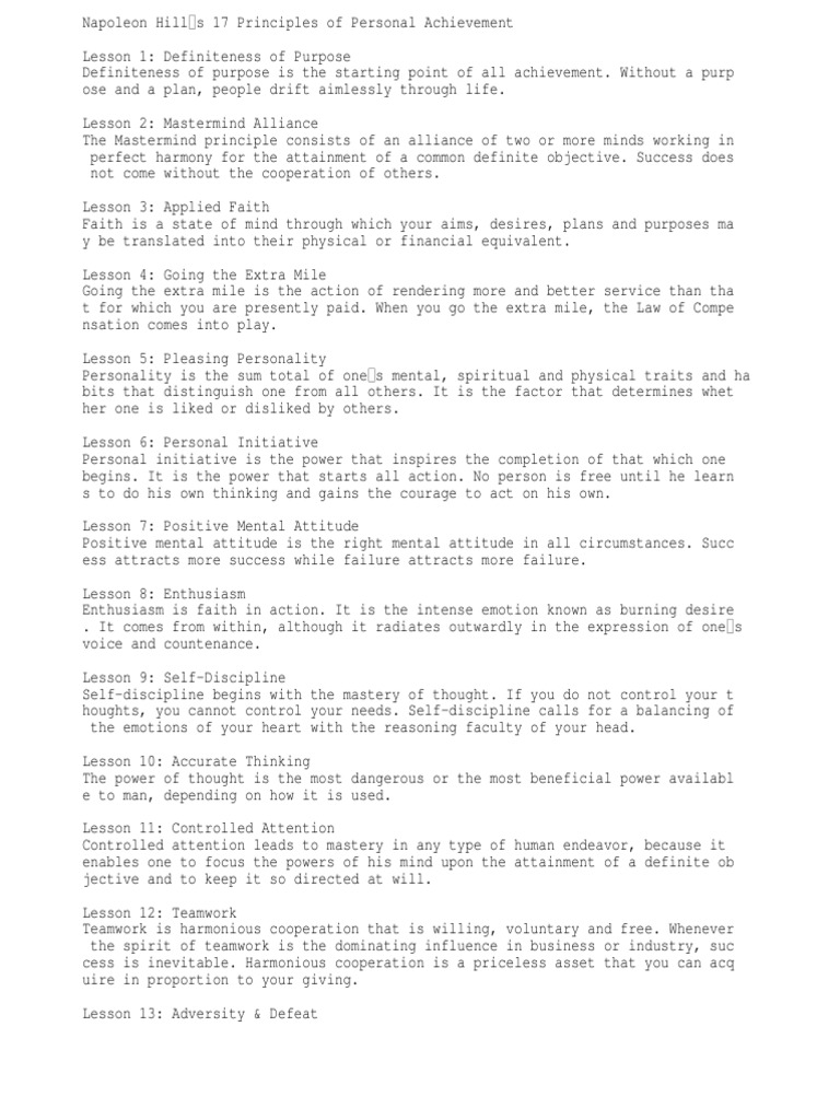 Napoleon Hill's 17 Success Principles | PDF | Metaphysics Of Mind ...