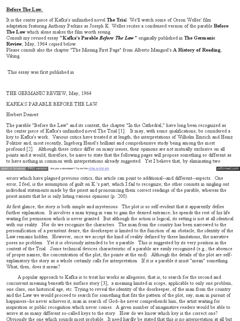 (Notes) Before The Law | PDF | Franz Kafka | The Trial
