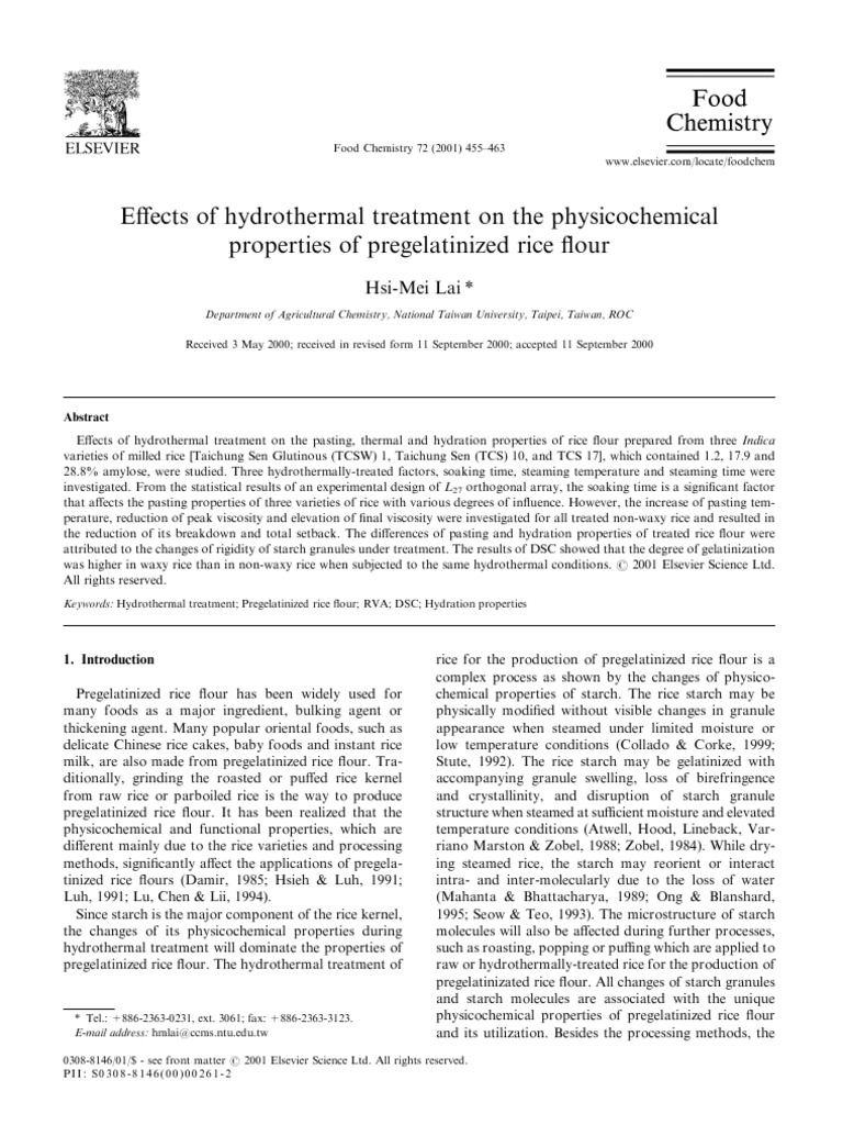 E Ects of Hydrothermal Treatment On The Physicochemical Properties of Pregelatinized Rice Flour ...