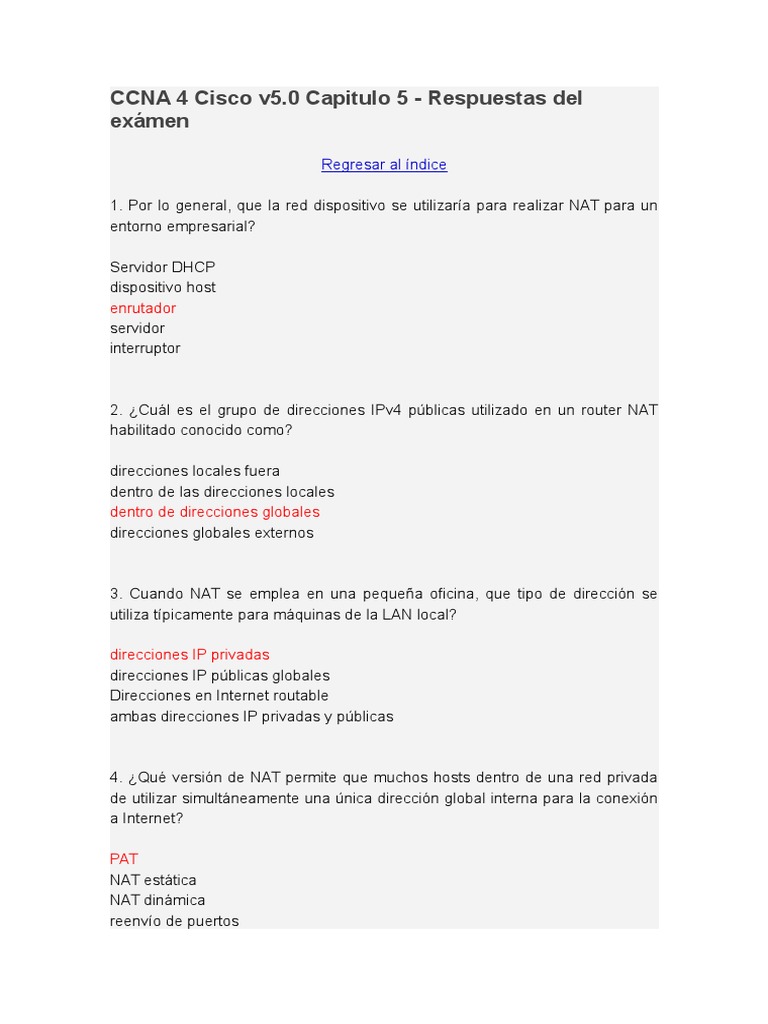 CCNA 4 Cisco v5 Respuestas Examen | PDF | Dirección IP | Enrutador (Computación)