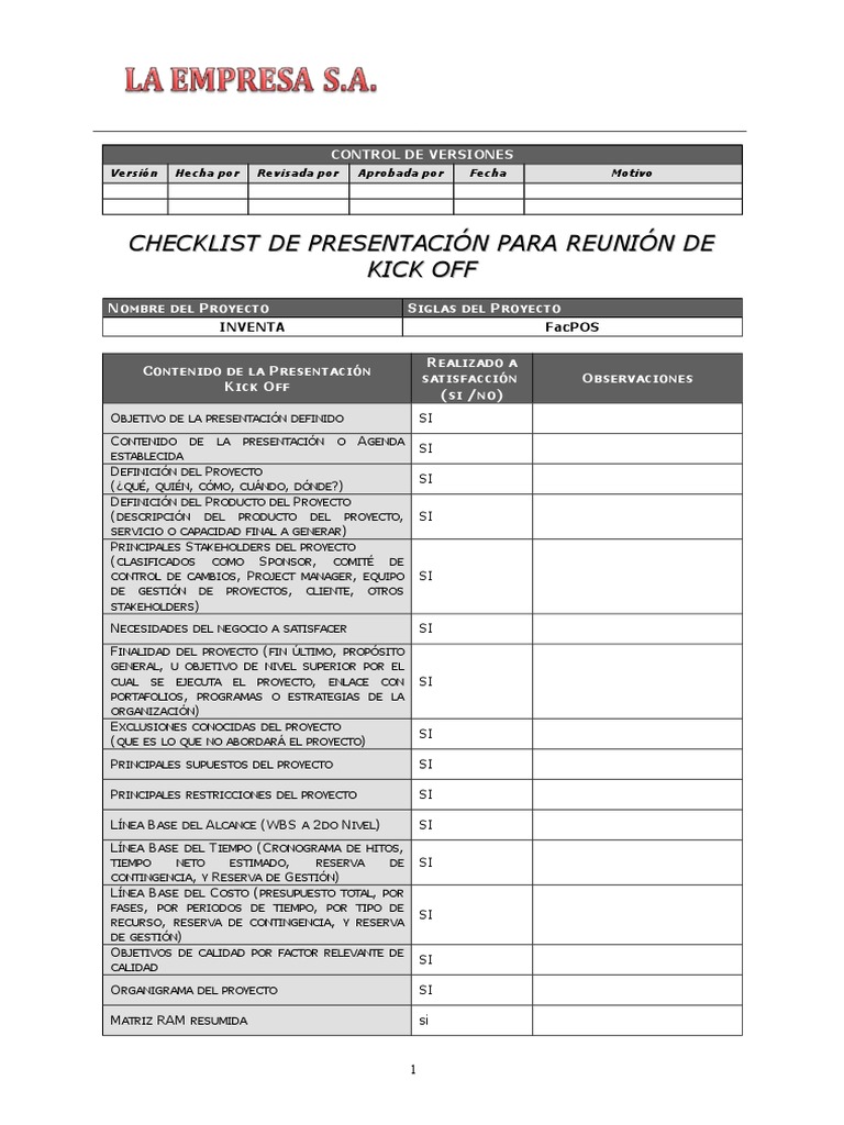 POS - Checklist de Presentacion para Reunion de Kick Off | PDF