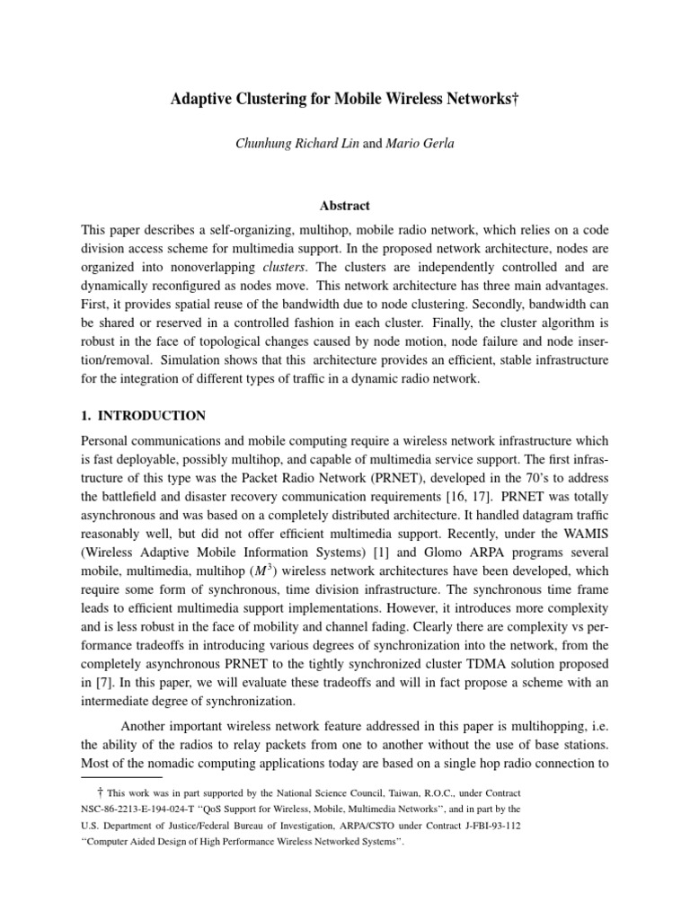 Adaptive Clustering For Mobile Wireless Networks : Chunhung Richard Lin ...