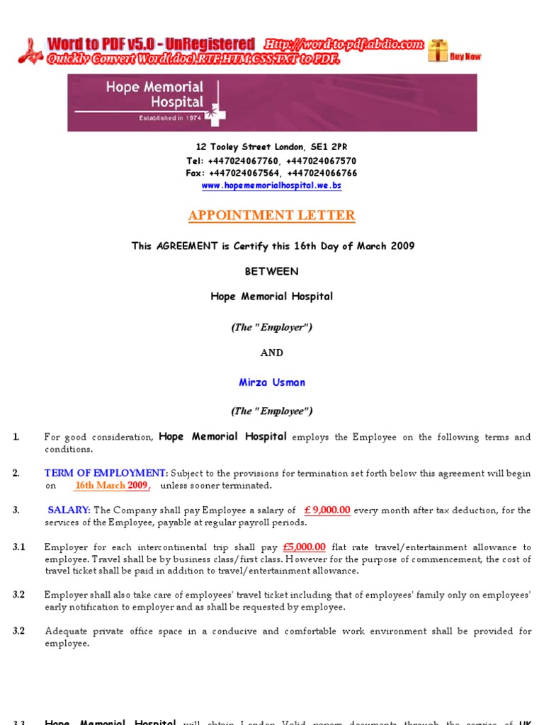 Hope Memorial Hospital Employment Agreement | PDF | Travel Visa | Payroll