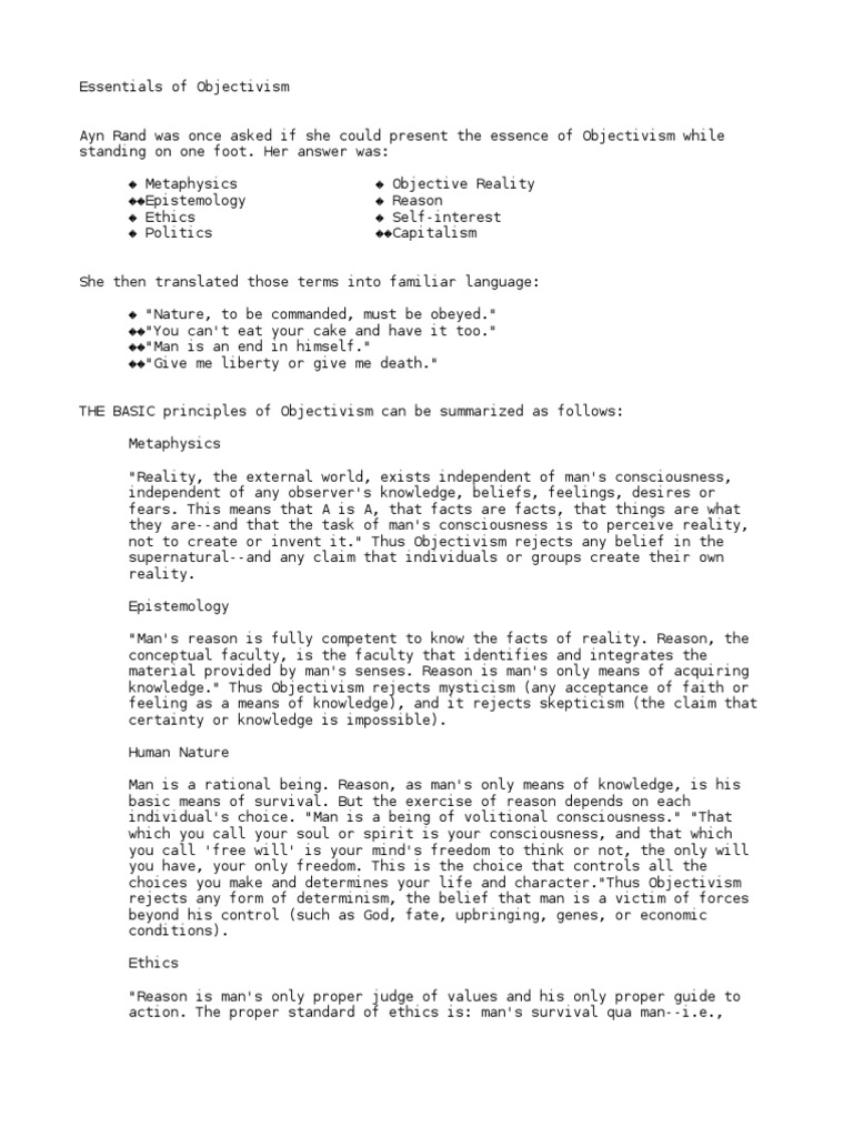 Essentials of Objectivism | PDF | Objectivism (Ayn Rand) | Philosophy