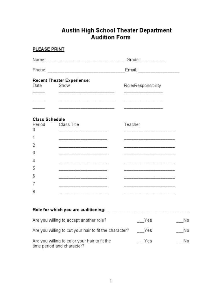 Austin High School Theater Audition Form | PDF