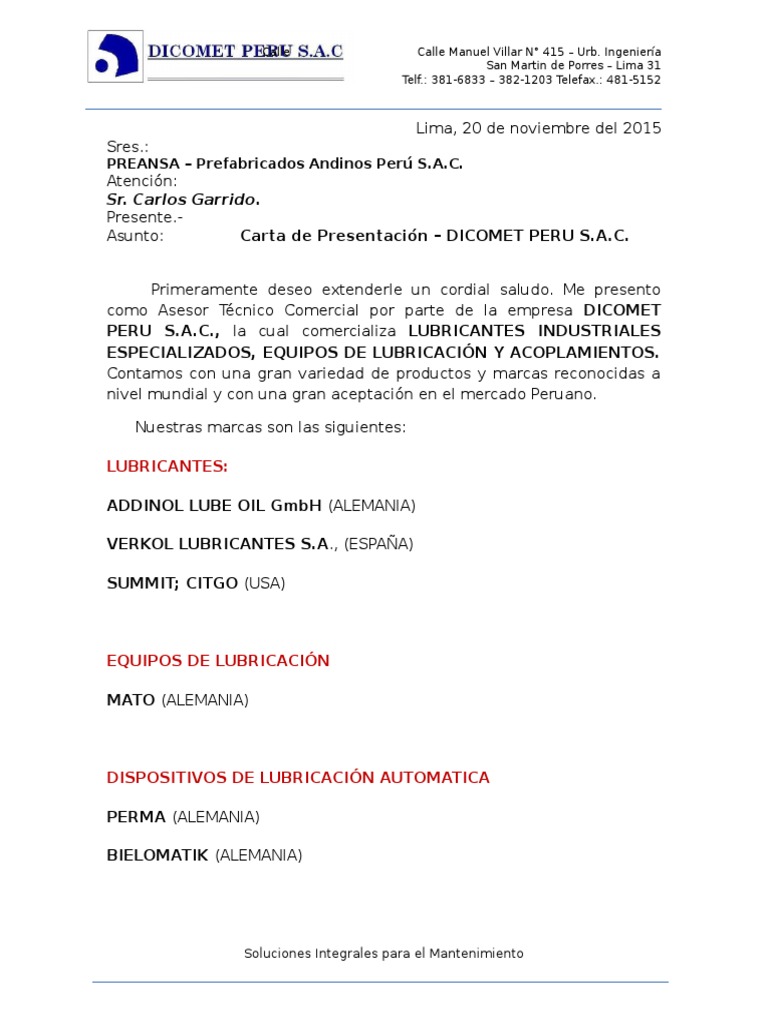 Carta de Presentacion - DICOMET PERU SAC | PDF