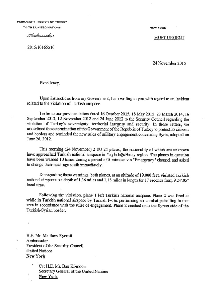 Turkey Letter To UNSC On Shooting Down SU-24 Plane, Nov 24, 2015 | PDF