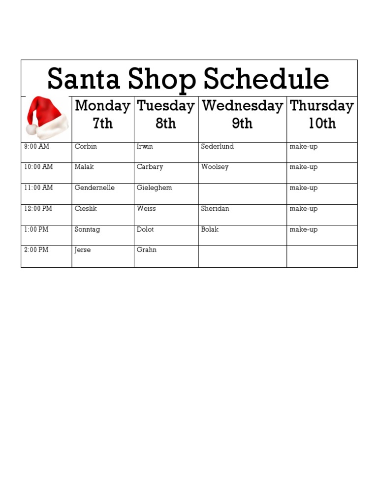 Santa Shop Schedule: December 7-10 | PDF