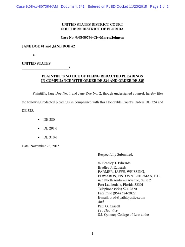 341-Main PLAINTIFF'S NOTICE OF FILING REDACTED PLEADINGS IN COMPLIANCE ...