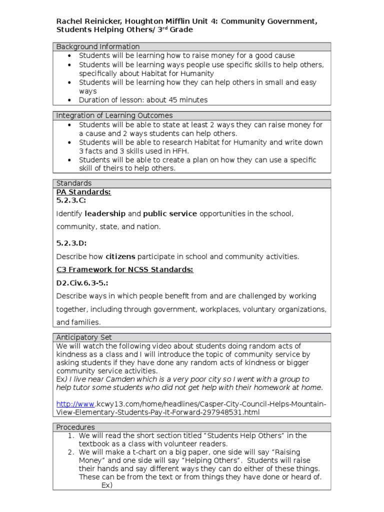 Unit Lesson Plan - Students Helping Others Rachel | PDF | Food Bank ...