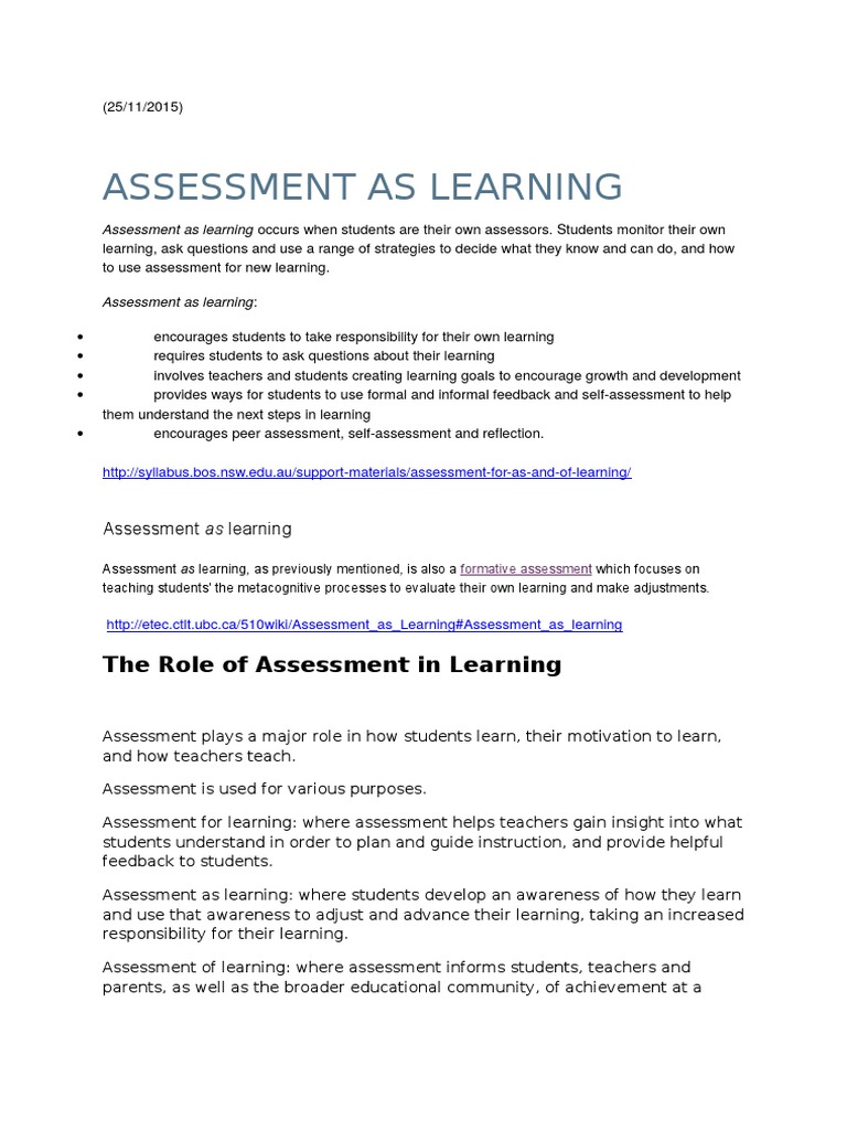 Assessment As Learning | PDF | Educational Assessment | Quality Of Life
