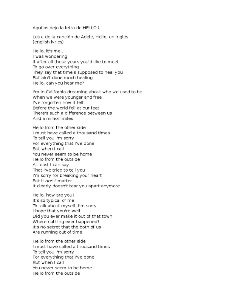 Letra de La Canción de Adele - Hello | PDF