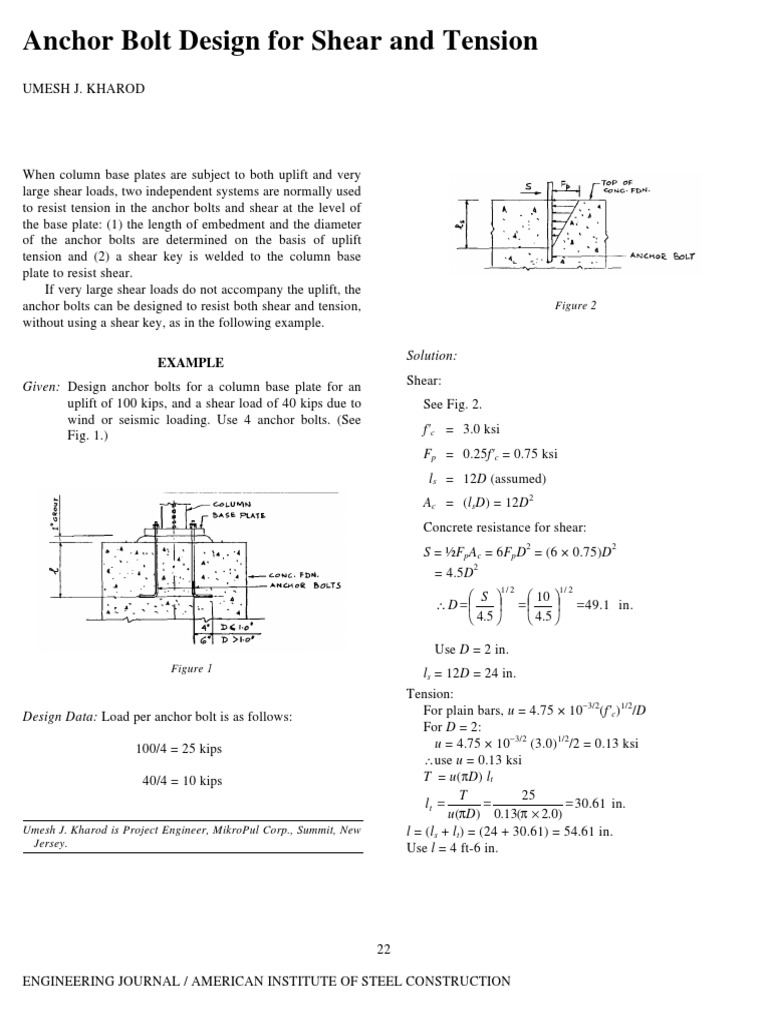 Anchor Bolt Design For Shear and Tension | PDF | Screw | Stress (Mechanics)