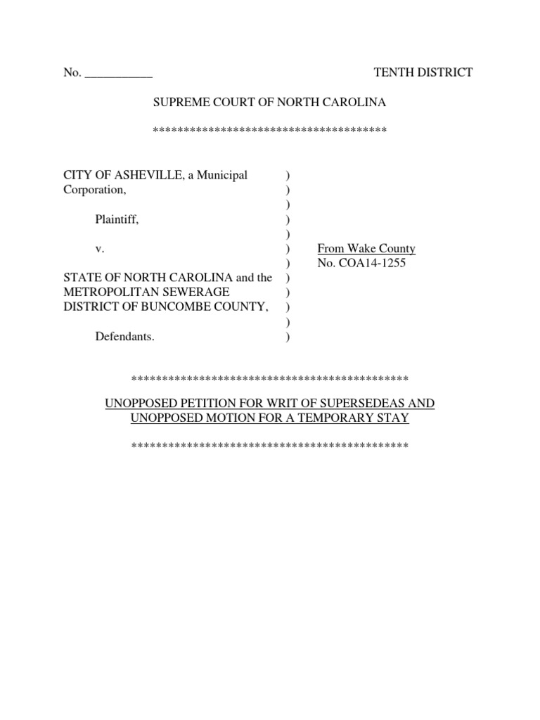 Asheville's Petition for a Writ of Supersedeas & Motion for Temporary ...
