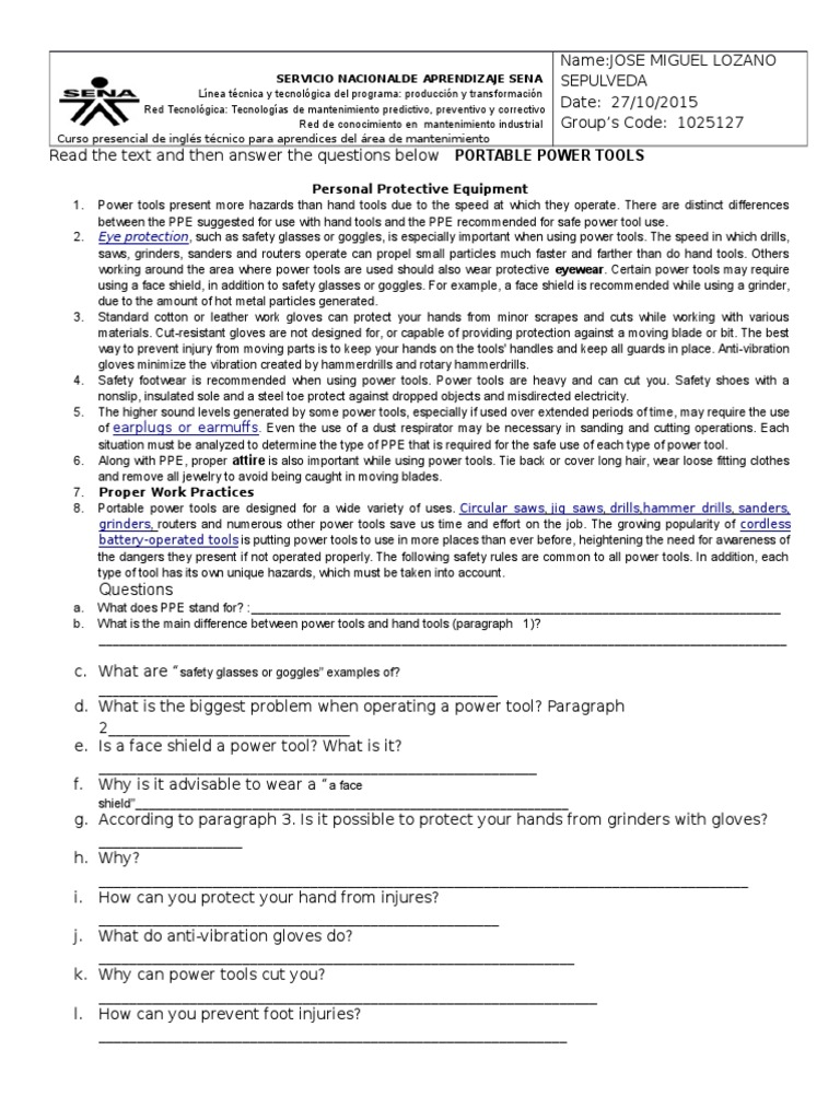 Portable Power Tools: Questions | PDF | Personal Protective Equipment ...