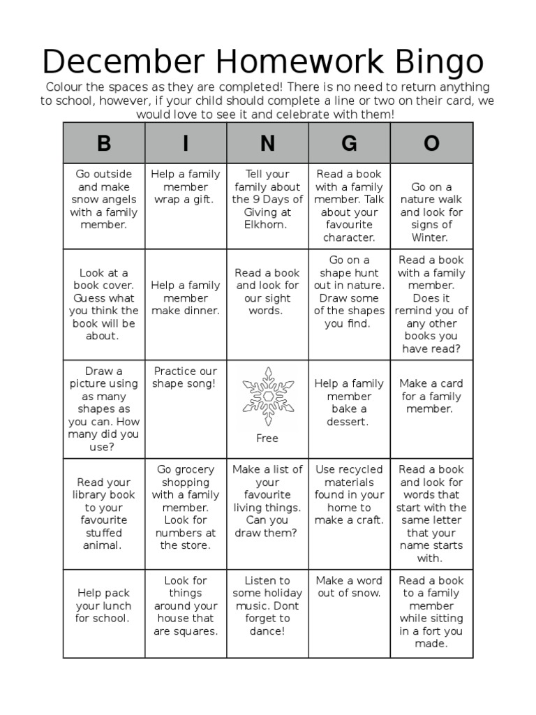 December Homework Bingo Activities | PDF