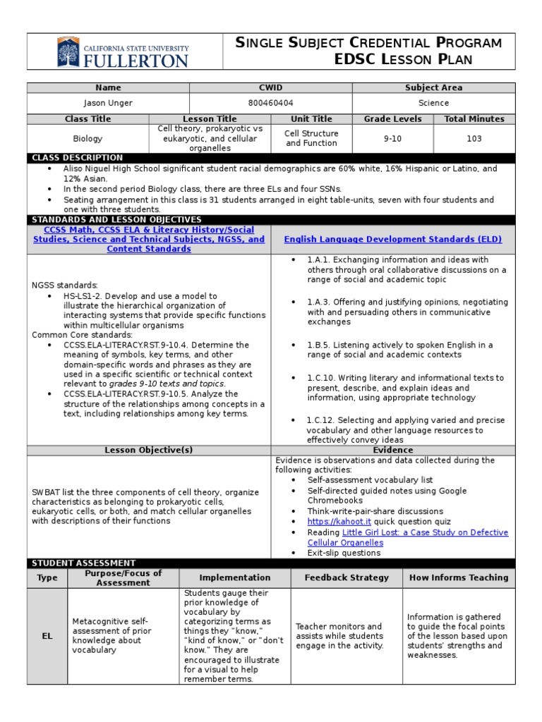 High School Biology Lesson Plan | PDF | Cell (Biology) | Vocabulary