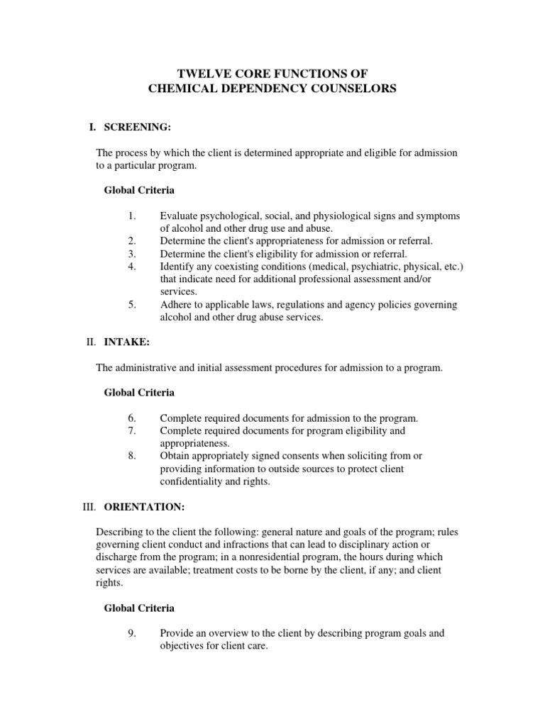 12 Core Functions | Psychological Evaluation | Substance Abuse