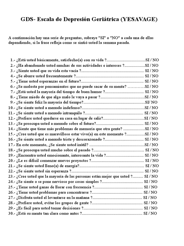 GDS Escala de Depresión Geriátrica YESAVAGE | PDF