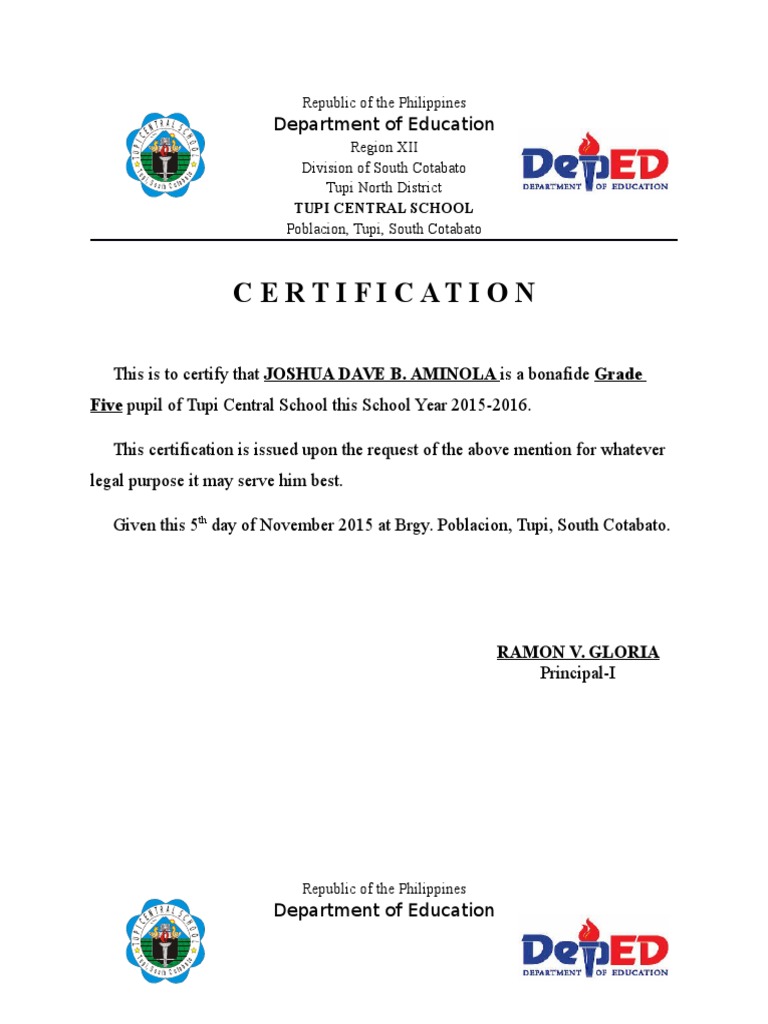 Certification of Enrolment Sample | PDF | Schools | Further Education