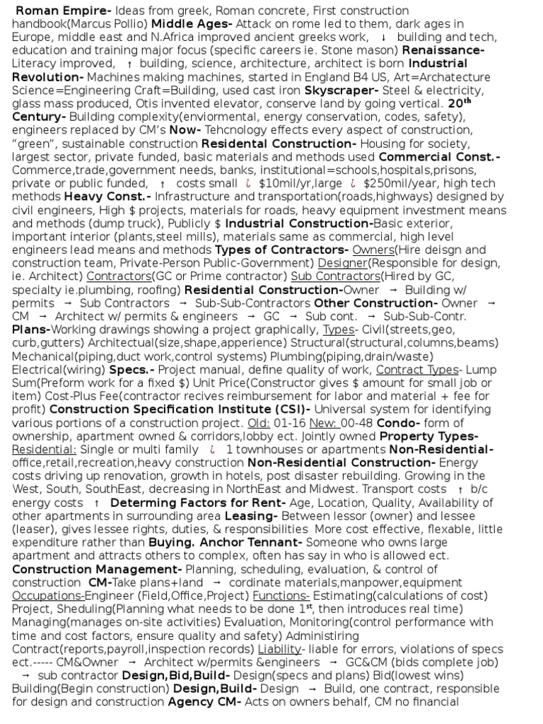 BCM Cheat Sheet | PDF | General Contractor | Construction Bidding