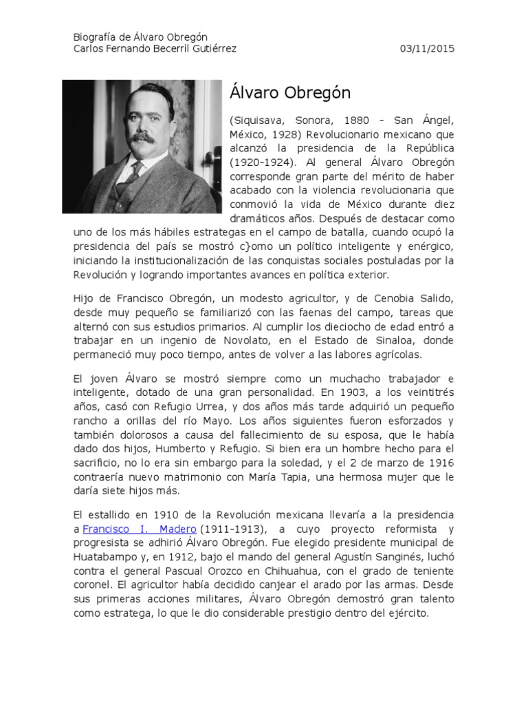 Biografía de Álvaro Obregón | PDF