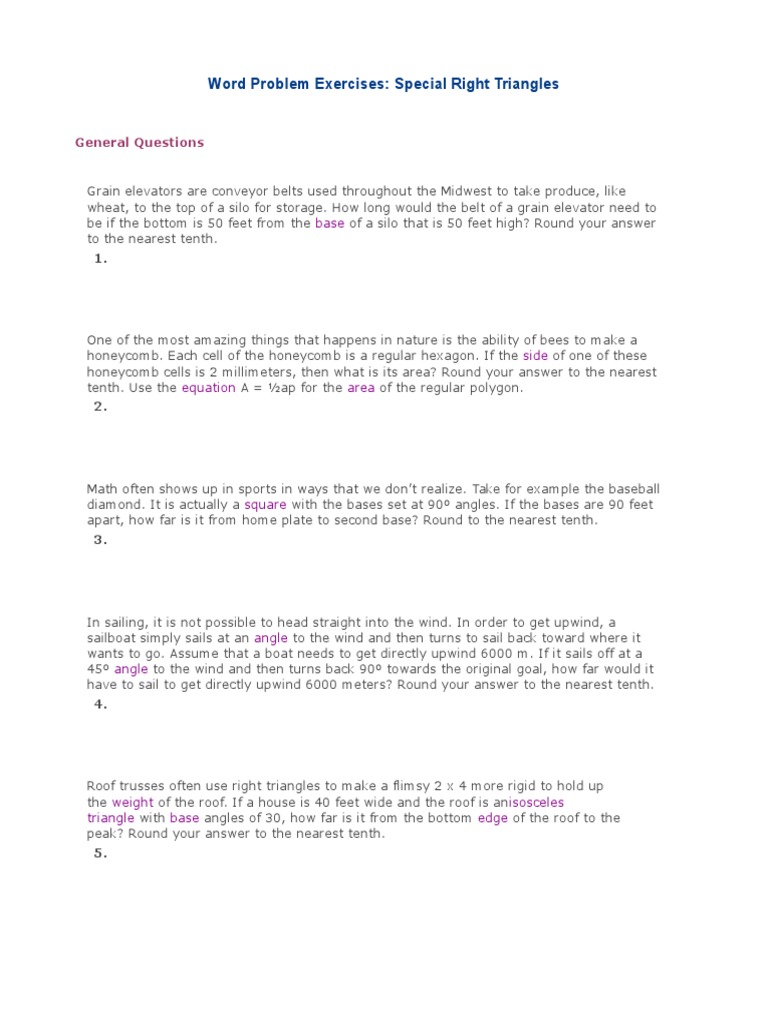 Special Right Triangle Word Problems | PDF | Home & Garden