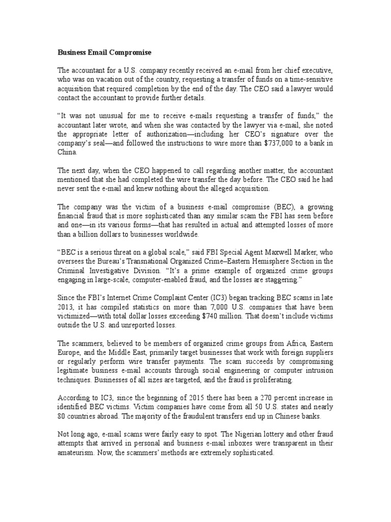 Business Email Compromise Fraud | PDF | Federal Bureau Of Investigation ...