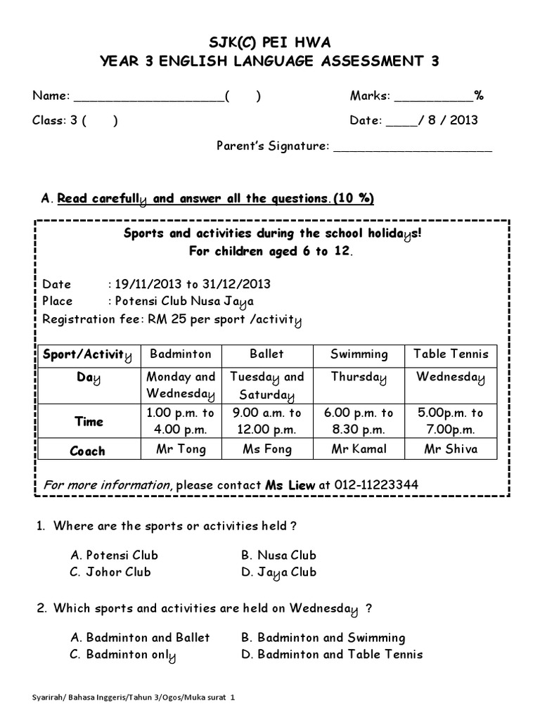 SJK (C) Pei Hwa Year 3 English Language Assessment 3 | PDF | Fish | Nature