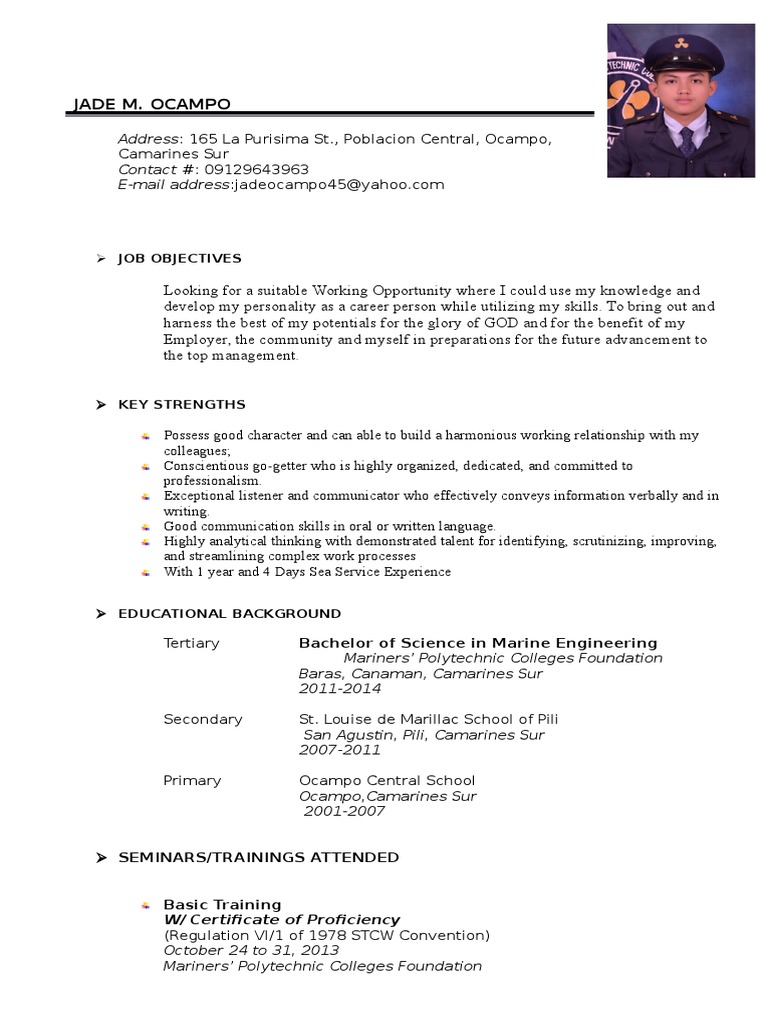Resume Sample For Marine Engineering | PDF | Transport | Science