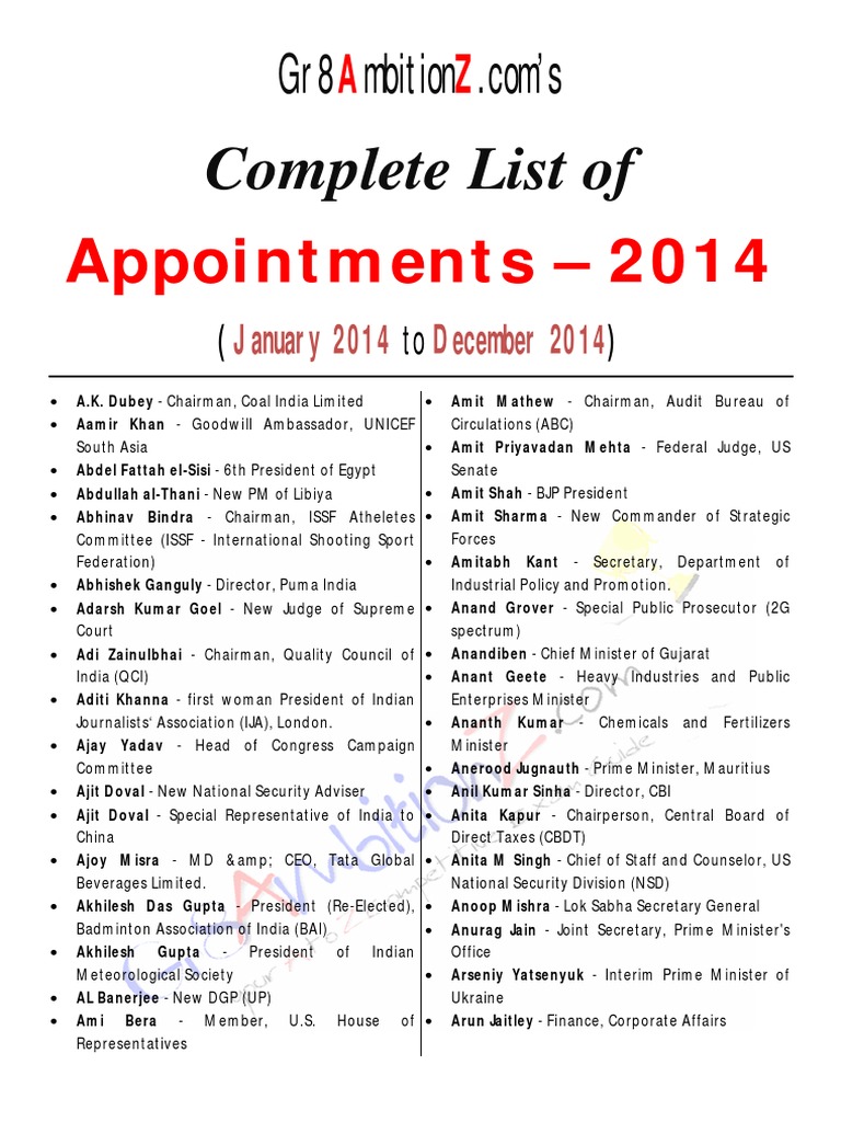 Complete List Of: Appointments - 2014 | PDF | Travel | Wellness