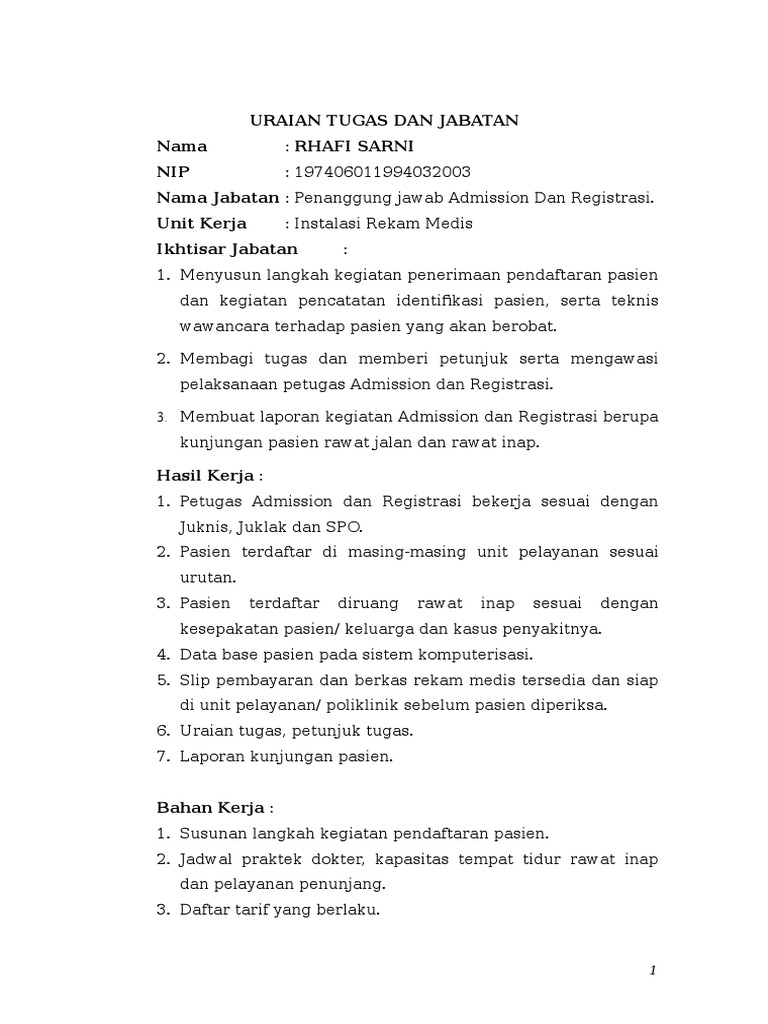 Contoh Format Uraian Jabatan Versi Akreditasi Pokja KPS | PDF