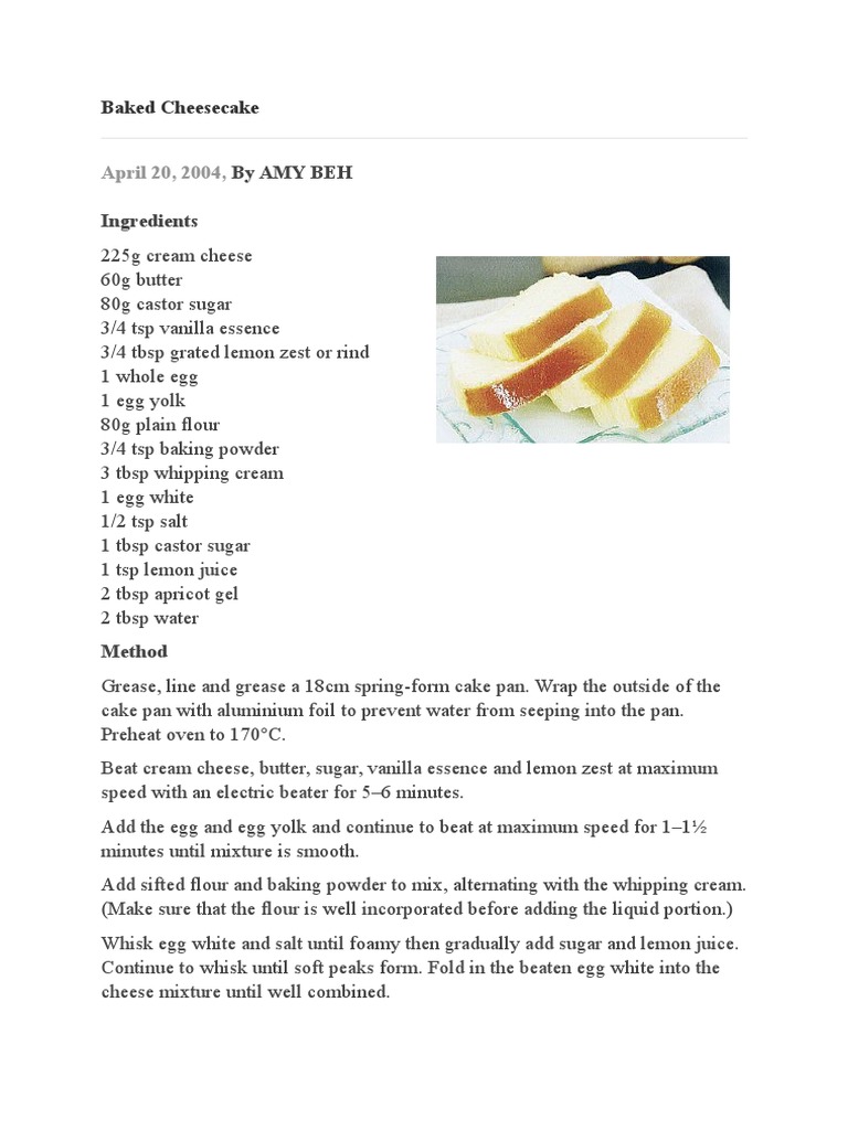 Amy Beh's Baked Cheesecake Recipe | PDF | Cakes | Lemon