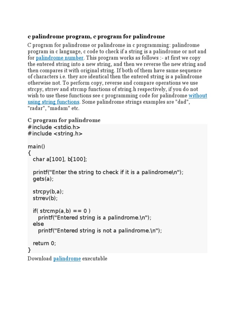 C Palindrome Program Pdf String Computer Science C Programming Language