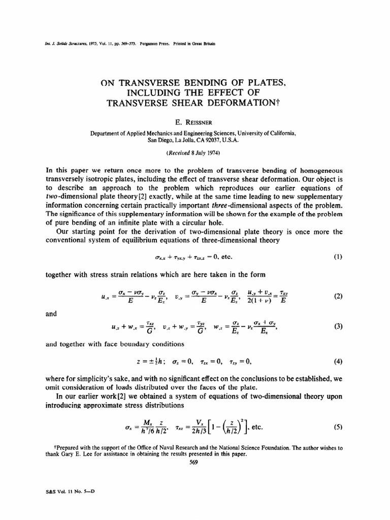 Reissner - 1976 Thick Plates | PDF | Bending | Stress (Mechanics)