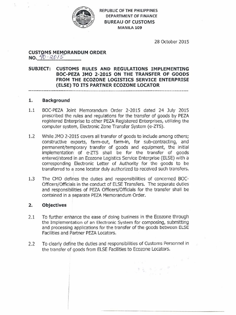 Customs Order on Ecozone Goods Transfer | PDF | Finance & Money Management