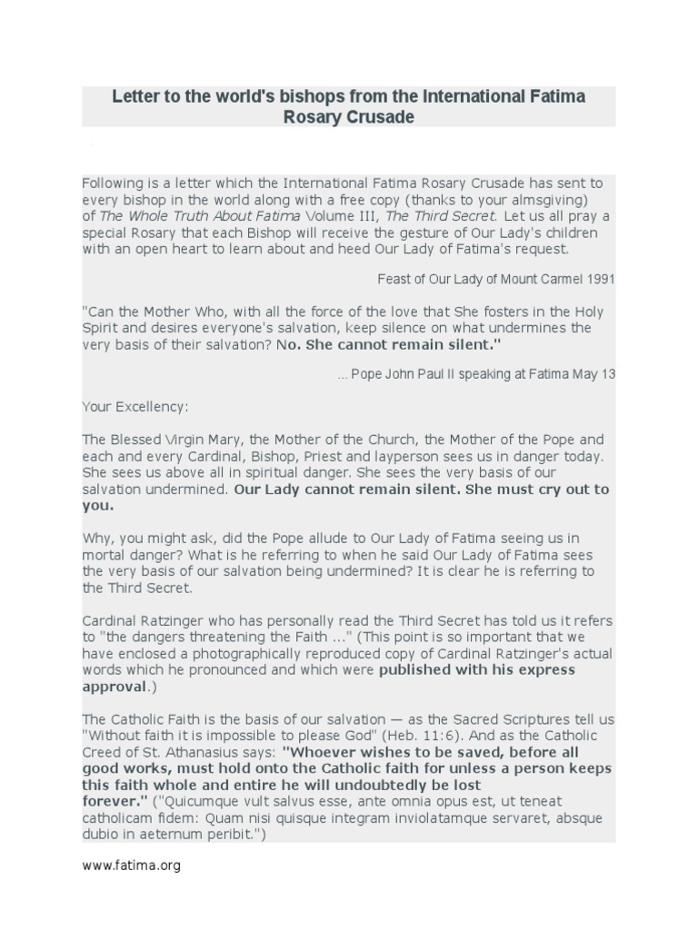 Urgent Call to Bishops on Fatima's Message | PDF | Our Lady Of Fátima ...