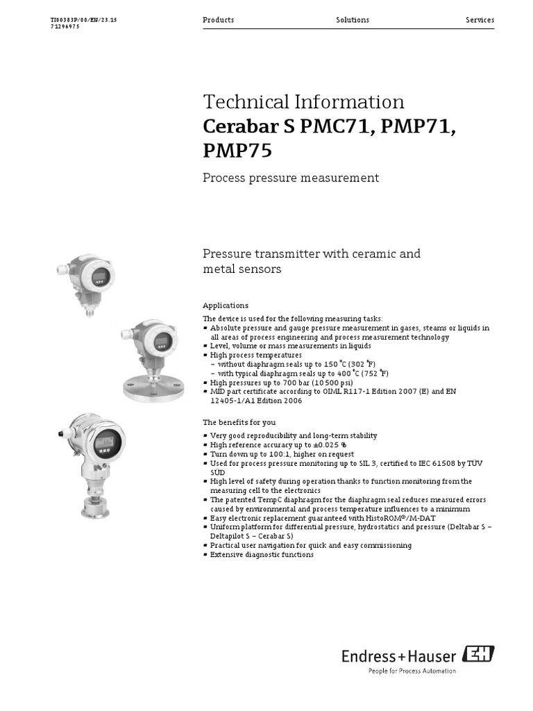 Cerabar S PMC71, PMP71, PMP75 | Pressure Measurement | Technology ...