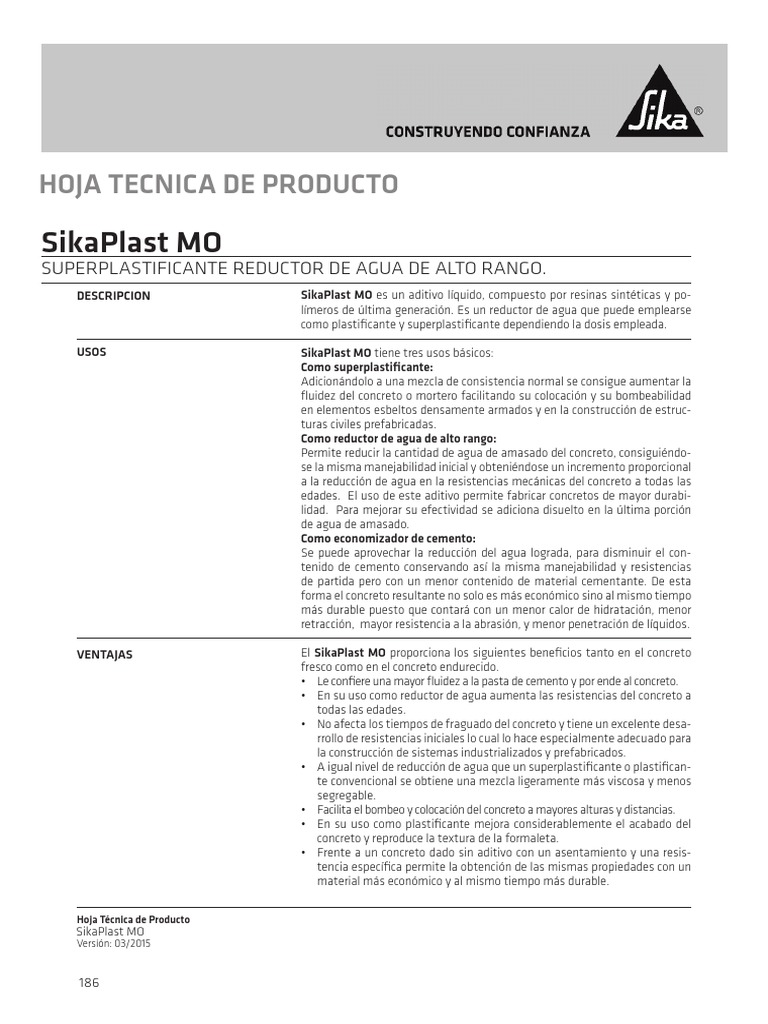 SikaPlast MO | PDF | Hormigón | Cemento