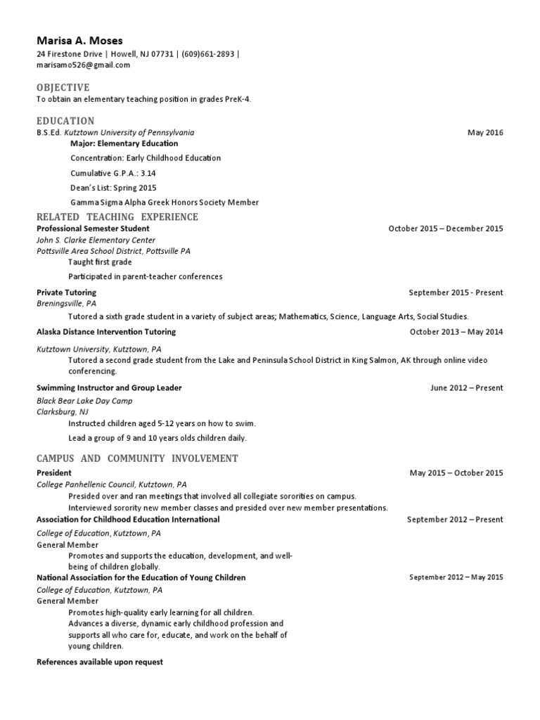 Marisa Moses: Elementary Education Resume | PDF