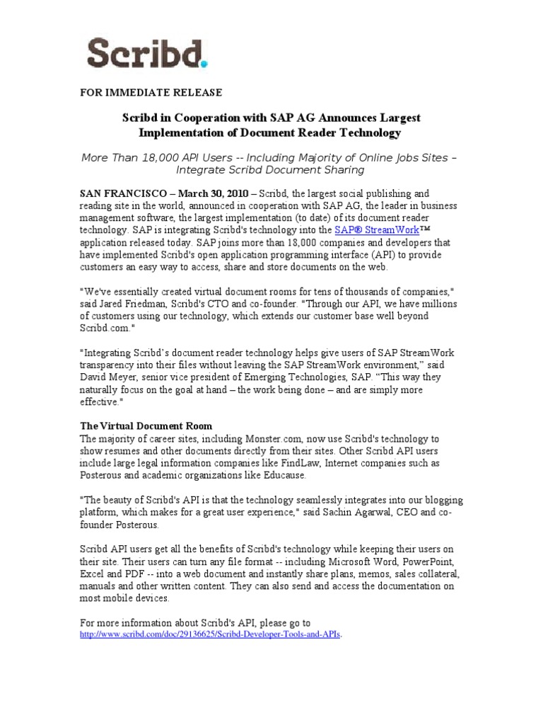 Scribd SAP Largest API Integration Press Release | PDF | Scribd ...