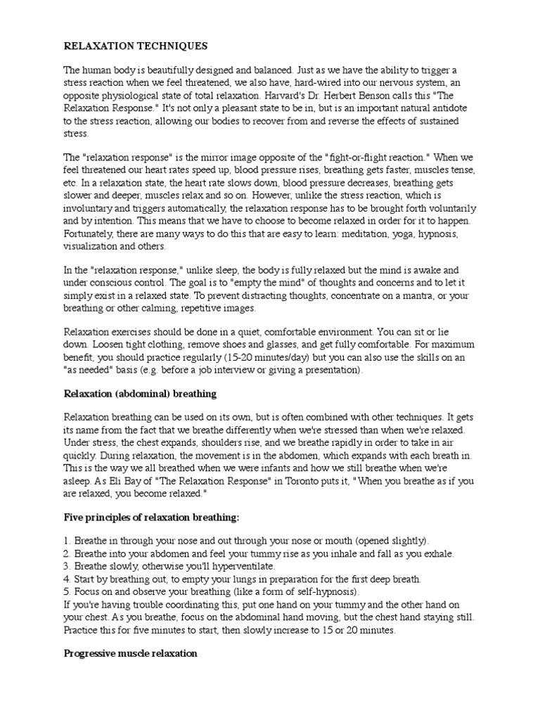 Relaxation Techniques | PDF | Relaxation (Psychology) | Breathing