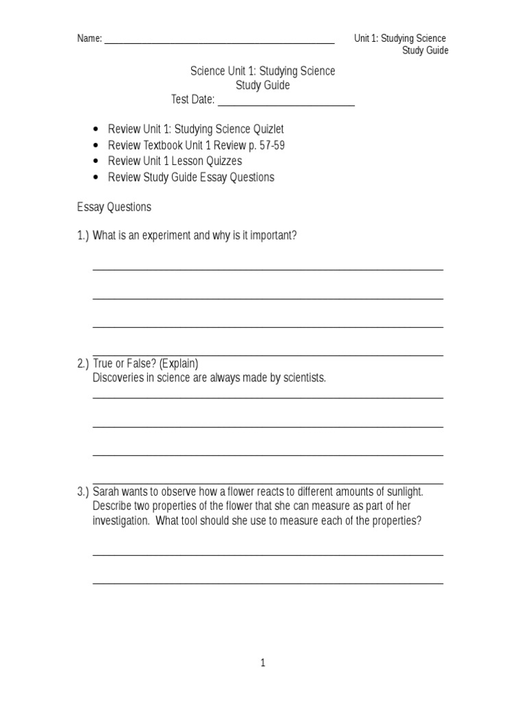 Name: - Unit 1: Studying Science Study Guide | PDF