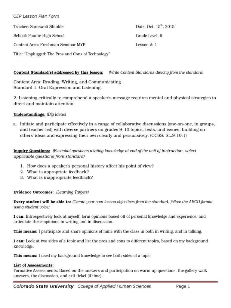 Unplugged Technology Lesson Plan | PDF | Lesson Plan | Educational ...