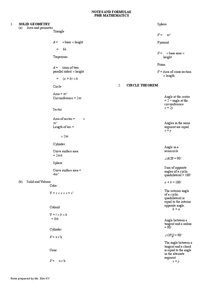 Maths PMR Form 3 Notes | PDF | Area | Circle
