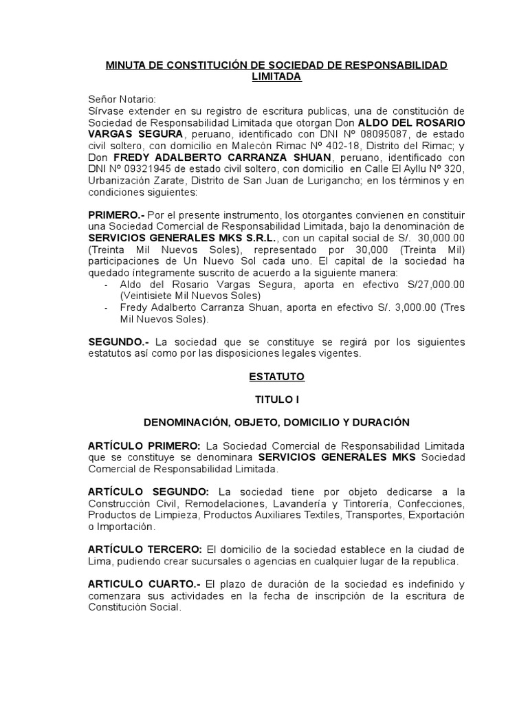 Modelo de Contrato de Sociedades | PDF | Liquidación | Compañía de responsabilidad limitada