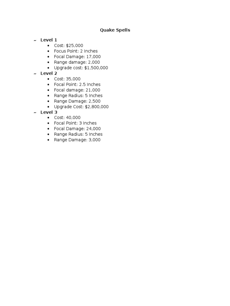 Quake Spell Levels and Costs | PDF | Home & Garden