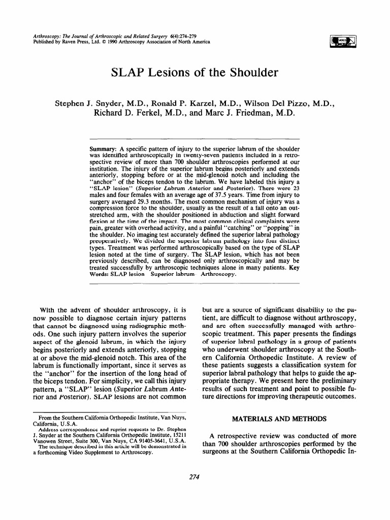 SLAP Lesions of The Shoulder | PDF | Shoulder | Limbs (Anatomy)