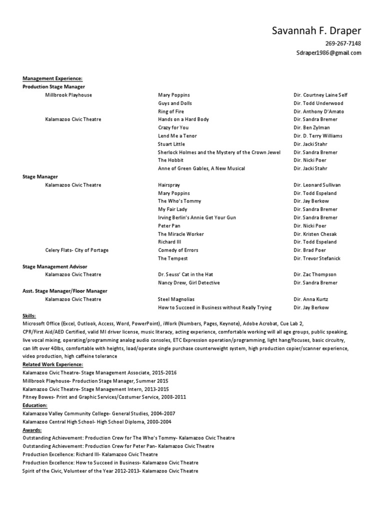 Savannah F. Draper: Stage Management Resume | PDF