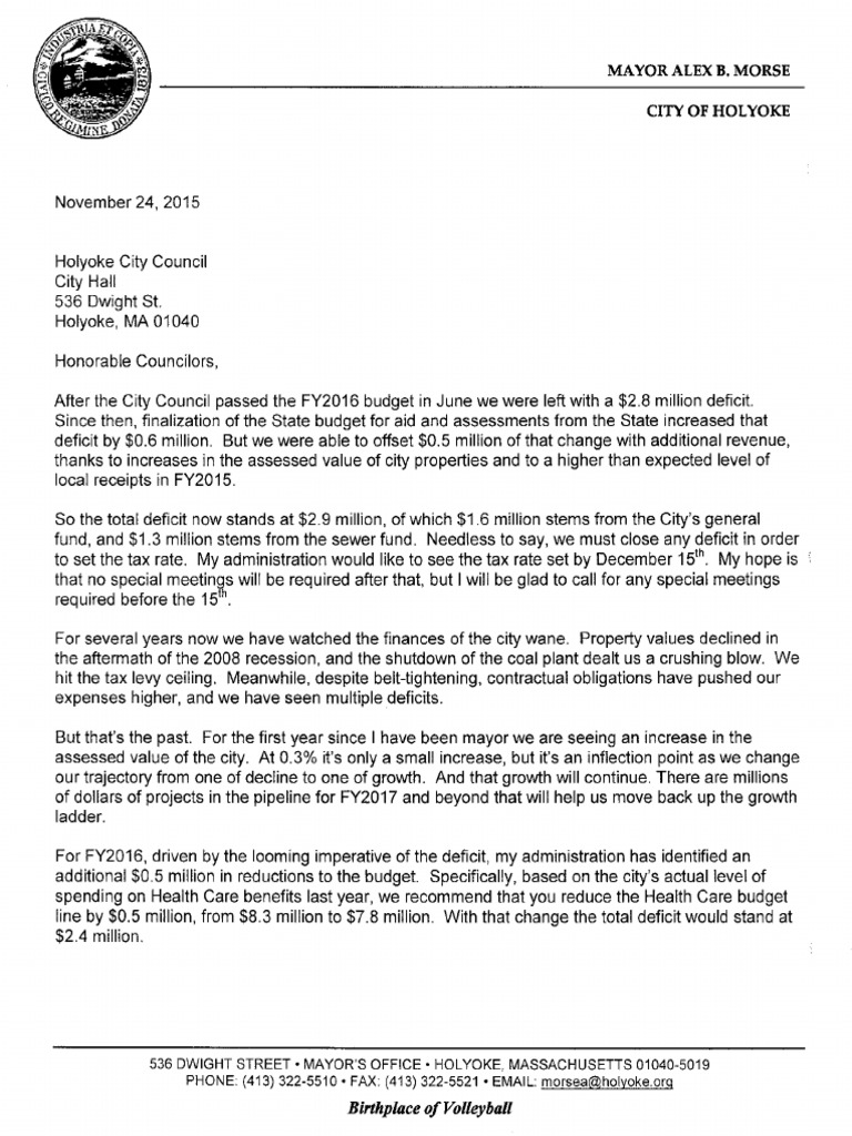 Letter From Holyoke Mayor Alex Morse To City Council About Budget ...